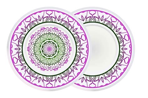 장식 접시 인테리어 디자인을 위한 만다라 꽃 장식입니다 빈 접시 도자기 접시 디자인 모의입니다 벡터 일러스트입니다 가정 장식 배경입니다 보라색 Geen 색상 꽃 식물에 대한