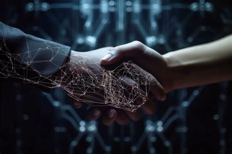 Handshake Of Human Man And Neural Networks With Artificial Intelligence Concept Of Future Of
