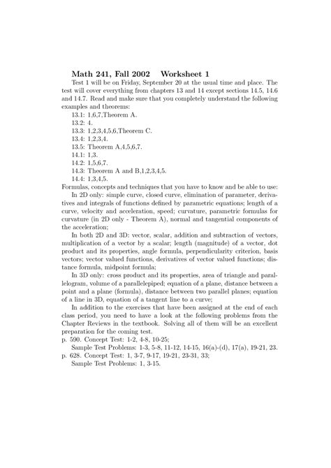 Worksheet 1 For Vector Calculus Fall 2002 Math 241 Docsity
