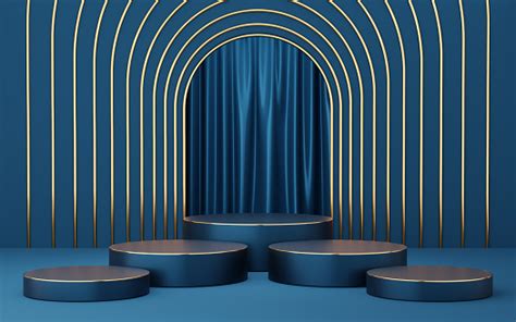 5 파란색 아치와 커튼 배경에 금색 테두리가 있는 빈 파란색 실린더 연단 추상 최소 스튜디오 3d 기하학적 모양 개체입니다 제품 디자인 전시를 위한 모형 공간 3d 렌더링