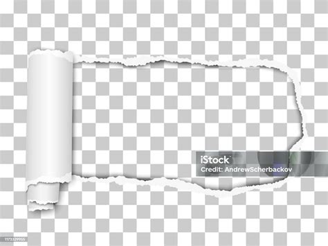 부드러운 그림자 종이 컬과 구멍에 투명 한 배경 투명 한 종이에 오른쪽에서 왼쪽으로 길게 찢어진 된 구멍 벡터 그림입니다 종이 모형 0명에 대한 스톡 벡터 아트 및 기타