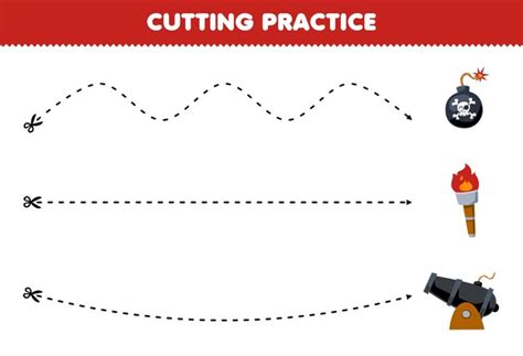 귀여운 만화 폭탄 횃불과 대포 그림 인쇄 가능한 해적 워크시트로 어린이 절단 연습을 위한 교육 게임 프리미엄 벡터