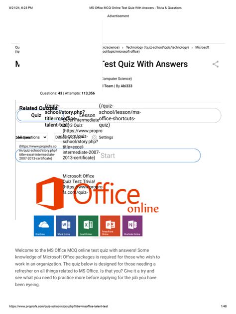 ms office mcq online test quiz with answers trivia and questions pdf