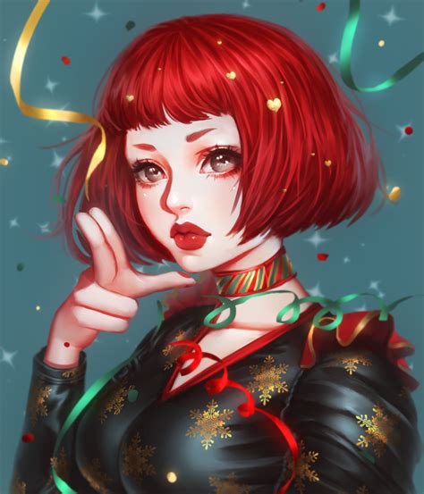 Safebooru 1girl Black Eyes Bob Cut Breasts Choker Christmas Closed