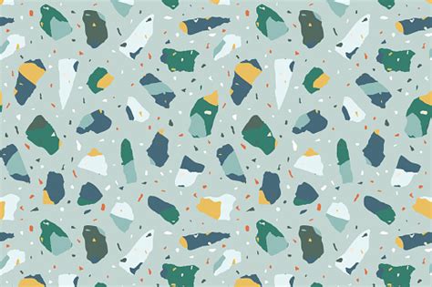 벡터 테라조 패턴 수평 배경 추상 컬러 이탈리아 바닥재 돌 콘크리트 녹색과 파란색 질감 인테리어 디자인 인쇄 벽지를위한 고전적인