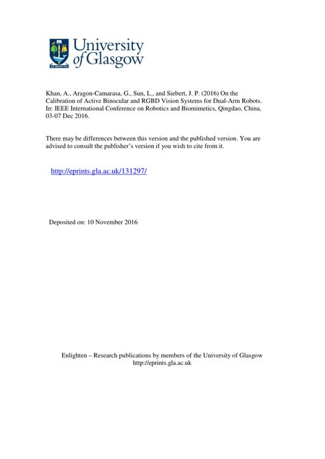 Pdf On The Calibration Of Active Binocular And Rgbd Vision Systems For Dual Arm Robots