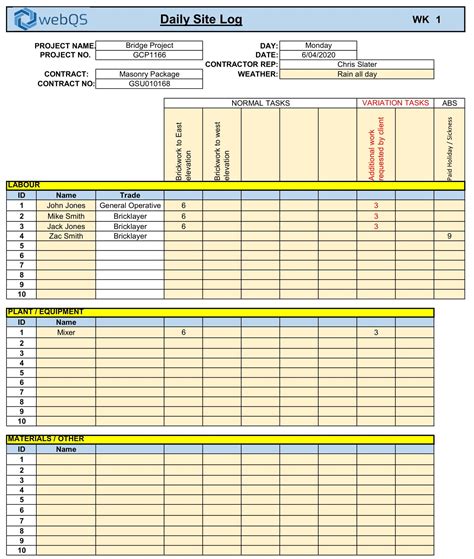 Excel Work Log Template