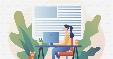 작은 소녀는 편안한 조건의 홈 오피스에서 일합니다 프리랜서 작업 개념입니다 작업 공간 현대 평면 만화 스타일입니다 벡터 그림 사진 Unsplash의 사무실 이미지