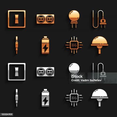 배터리 전기 플러그 발광 다이오드 마이크로 회로 Cpu 오디오 잭 라이트 스위치 및 전기 콘센트 아이콘프로세서를 설정합니다 벡터