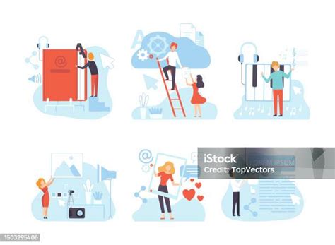 미디어 콘텐츠 벡터 장면 세트를 만드는 사람들과 함께하는 디지털 마케팅 소셜 네트워킹에 대한 스톡 벡터 아트 및 기타 이미지 소셜 네트워킹 우편 Performing