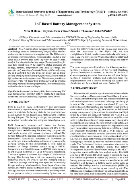 Pdf Iot Based Battery Management System