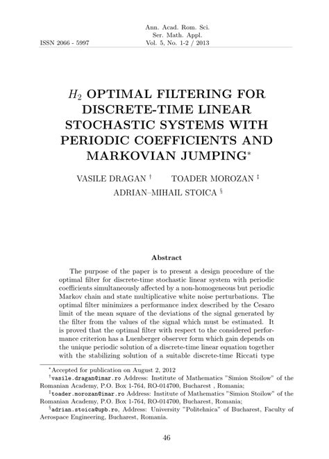Pdf H2 Optimal Filtering For Discrete Time Linear Stochastic Systems With Periodic