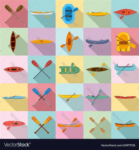 Canoeing Icons Set Flat Style Royalty Free Vector Image