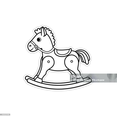 갈색 몸체와 녹색 로커와 고전적인 어린이 흔들 목마 장난감의 벡터 일러스트 레이 션 상상력 놀이 흑백 그림의 시간을 제공하는 아이들이 그림에 따라 색칠하는 법을 배울 수