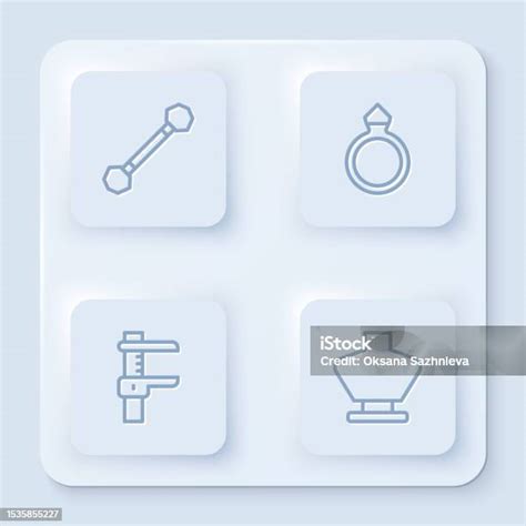 세트 라인 피어싱 다이아몬드 약혼 반지 캘리퍼 또는 캘리퍼스 스케일 및 목걸이 마네킹 흰색 사각형 버튼입니다 벡터 건강관리와 의술에 대한 스톡 벡터 아트 및 기타 이미지