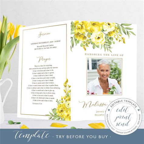 Yellow Roses Funeral Program Template Celebration Of Life Floral