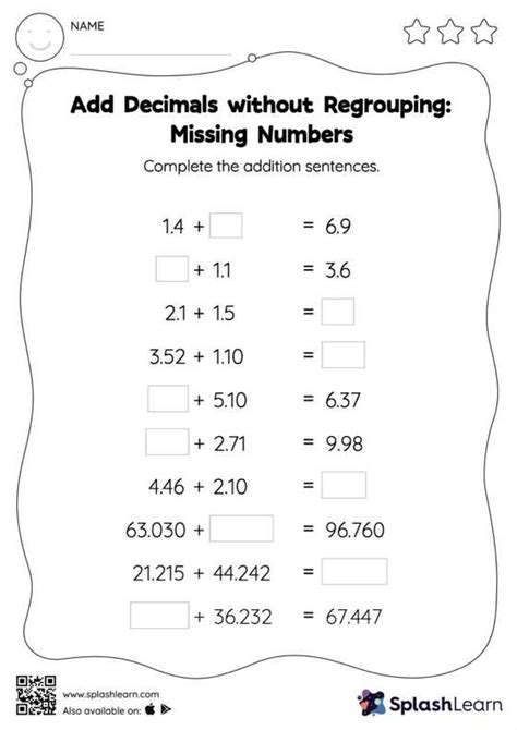 Add Decimals Without Regrouping Missing Numbers Math Worksheets Splashlearn
