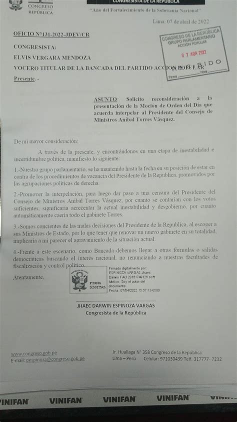 达尔文·埃斯皮诺萨要求 Acción Popular 停止质疑阿尼巴尔·托雷斯 Infobae