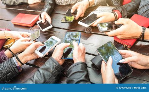 Teenager People Having Fun Using Smartphones Millenial Community Sharing Content On Social