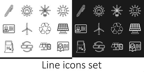세트 라인 인증서 템플릿 태양 에너지 패널 기어가 있는 전구 풍력 터빈 식별 배지 펜 재활용 기호 및 아이콘 벡터 0명에 대한