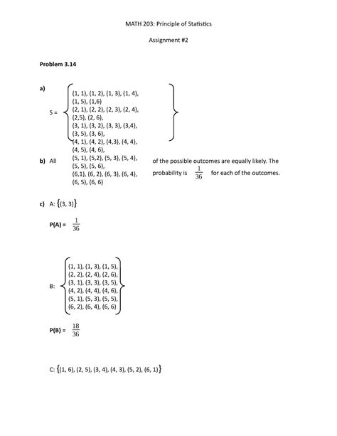 Math 203 Principle Of Statisticsassignment 2 A S B All Of The