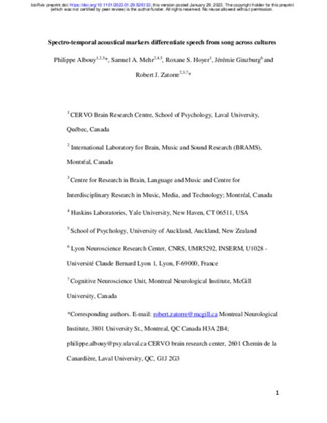 Pdf Spectro Temporal Acoustical Markers Differentiate Speech From Song Across Cultures