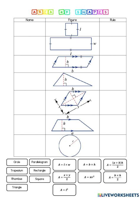 Matching Shape Figure And Area Formula Worksheet Live Worksheets