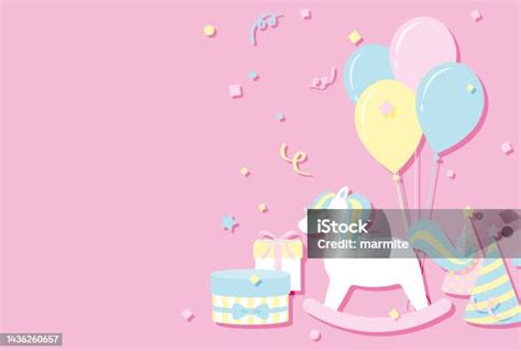 흔들리는 말 풍선 선물 상자 및 배너 베이비 샤워 카드 전단지 소셜 미디어 배경 화면 등을위한 파티 모자가있는 벡터 배경 생일에 대한 스톡 벡터 아트 및 기타 이미지