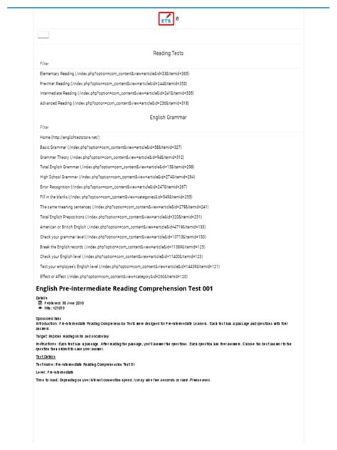 English Pre Intermediate Reading Comprehension Test 001 2 Pdf