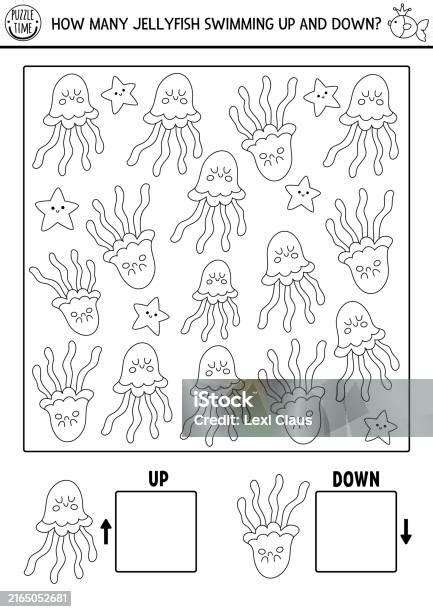 해파리를 가진 아이들을 위한 위아래 개념의 머메이드 로직 흑백 게임 나는 검색을 감시하고 활동을 세고 있습니다 미취학 아동을 위한 동화 바다 왕국 인쇄 가능한 공간