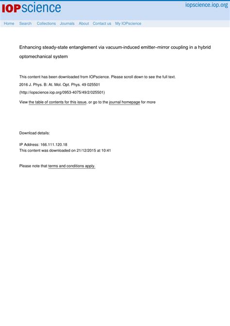 Pdf Enhancing Steady State Entanglement Via Vacuum Induced Emittermirror Coupling In A Hybrid