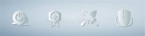 Set Power Button Game Rating With Medal Sword For Game And Computer Mouse Paper Art Style