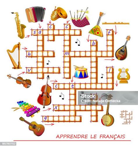 เกมปริศนาอักษรไขว้กับเครื่องดนตรี เรียนภาษาฝรั่งเศส หน้าการศึกษาสําหรับเด็กที่จะเรียนภ ภาพประกอบ