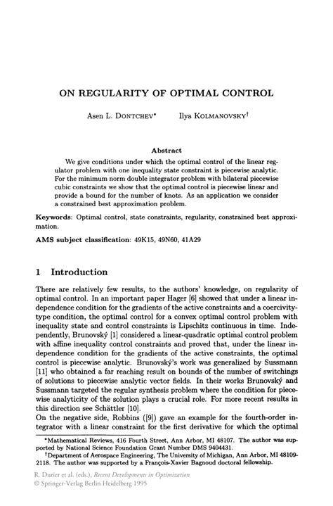 Pdf On Regularity Of Optimal Control