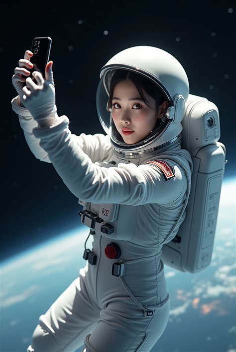 A Female Cosmonaut Taking A Selfie In Space She Has A White Spacesuit