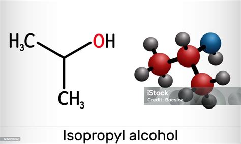이소프로필 알코올 2프로판올 이소프로판올 C3h8o 분자 그것은 소독제 세제에서 방부제로 사용되는 프로필 알코올의 이성입니다 구조 화학 식 분자 모델 건강관리와 의술에 대한