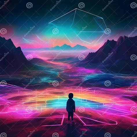 image of someone stands by an empty field abstract neon structures in the style of