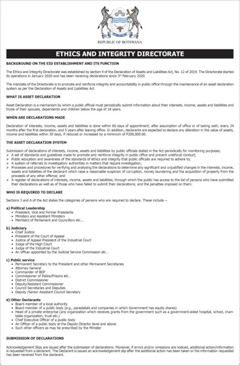 ethics and integrity directorate asset declaration system mmegi online