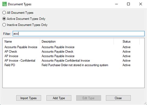 Administration Types Document Types Manually Adding Document Types