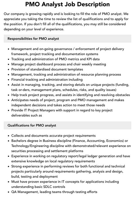 PMO Analyst Job Description Velvet Jobs