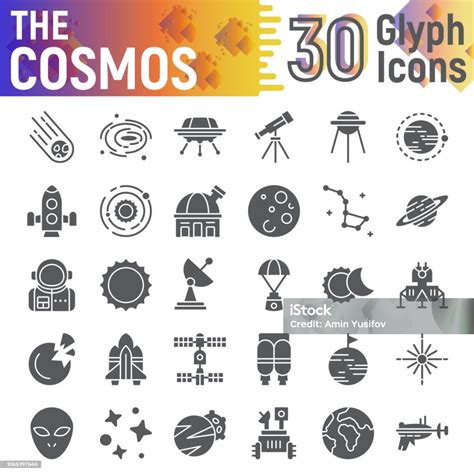 코스모스 글리프 아이콘 세트 공간 기호 컬렉션 벡터 스케치 로고 삽화 천문학 표지판 고체 무늬 패키지에 고립 된 백색 배경 10