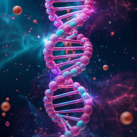 Stylized Dna Double Helix With Luminous Spheres In Fuchsia Lavender And Cobalt Blue Stock
