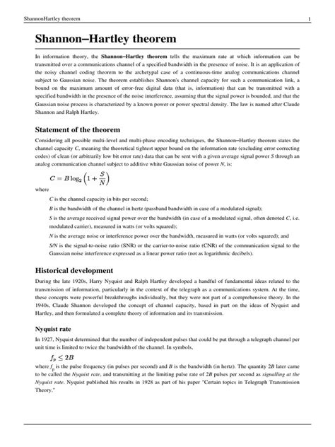 Shannon Hartley Theorem Pdf Signal To Noise Ratio Statistical Theory