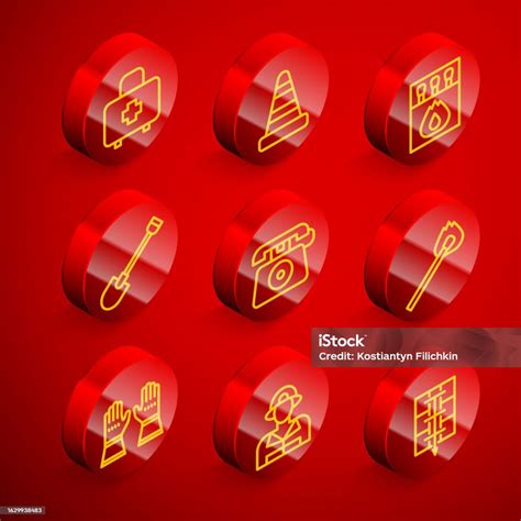 세트 라인 응급 처치 키트 교통 콘 성냥갑 및 성냥 소방 삽 전화 911 불로 태우기 소방관 장갑 및 아이콘 벡터 3차원 형태에 대한 스톡 벡터 아트 및 기타 이미지