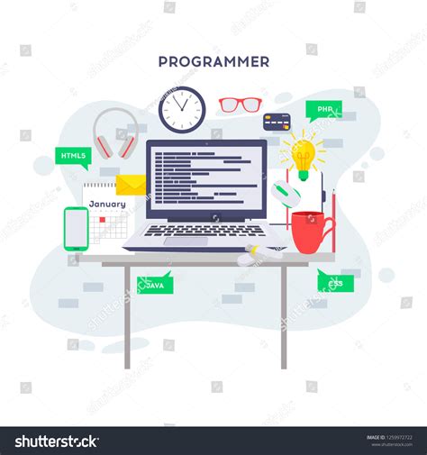 Workplace Programmer Coder Vector Illustration Programmer Stock Vector Royalty Free 1259972722