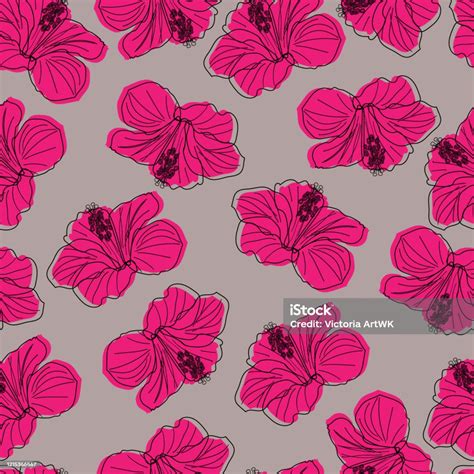 매끄러운 패턴 히비스커스 꽃의 검은 윤곽과 밝은 회색 배경에 꽃잎의 오른쪽 분홍색 채우기로 이동 0명에 대한 스톡 벡터 아트 및 기타 이미지 Istock
