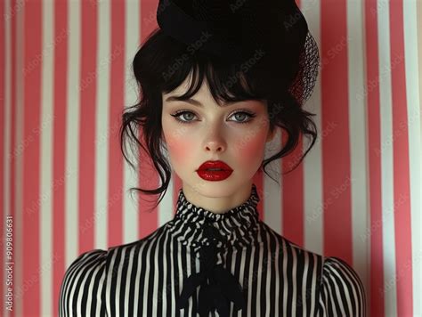 Young Brunette Woman Girl With Pouty Lips Wearing Stripped Black And