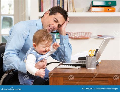 Stressed Man With Baby Working From Home Stock Image Image Of Computer Surfing