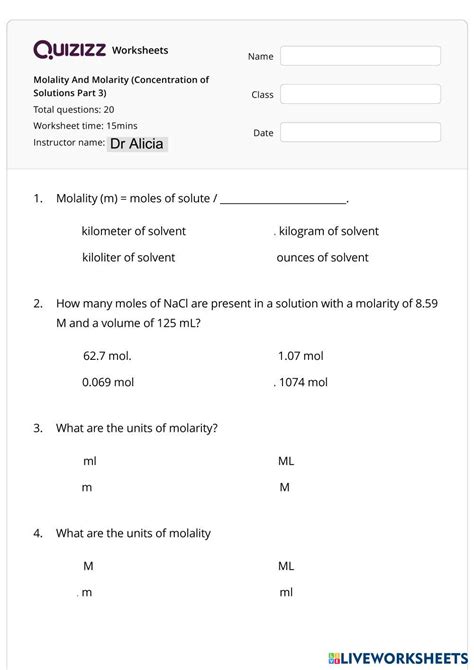 Molality And Molarity Concentration Of Solutions Part Live Worksheets Library