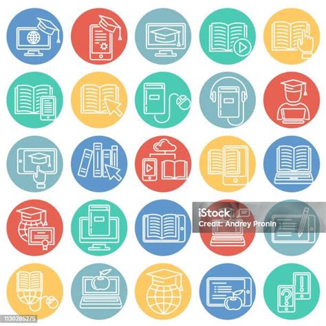 E러닝 라인 아이콘 색상 원형 흰색 배경 그래픽 및 웹 디자인 현대 간단한 벡터 기호에 대 한 설정합니다 인터넷 개념입니다 웹사이트 디자인 웹 버튼 또는 모바일 애플 리